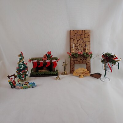 Vtg Christmas Dollhouse Miniatures Christmas Tree 2 Fireplaces Birdcage ...