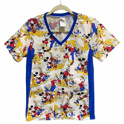 Disney Womens Scrub Mickey Mouse Goofy Donald Duck Pluto V-neck Pockets ...
