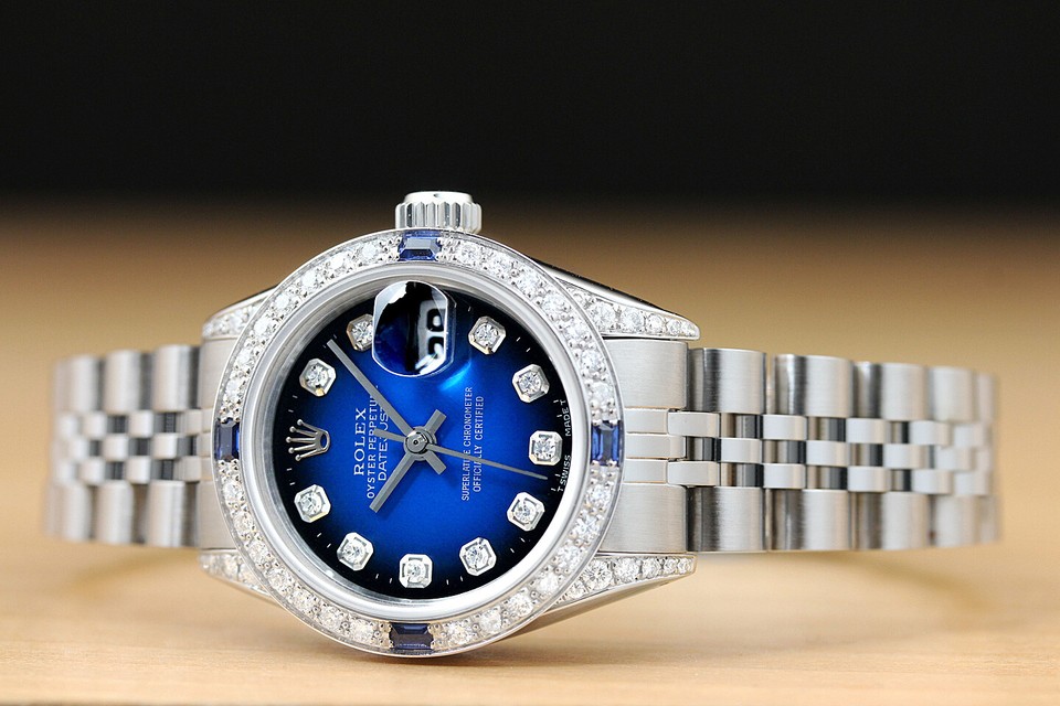 ROLEX LADIES DATEJUST 69174 18K GOLD SS BLUE VIGNETTE DIAMOND BEZEL ...