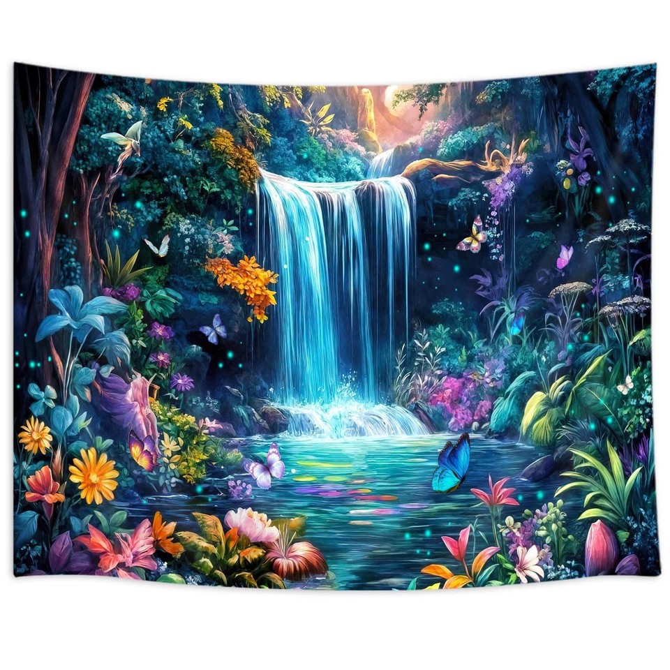 Forest Waterfall Tapestry Natural Landscape Tapestries Flower Butterfly ...