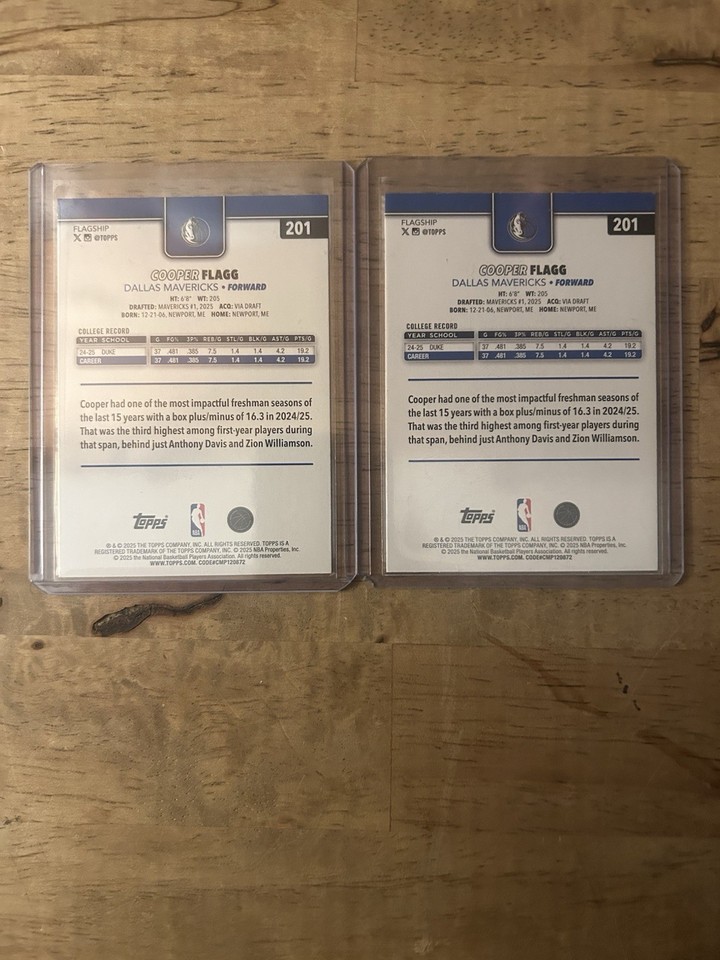 2025-26 *2 Topps Basketball Cooper Flagg RC Rookie Base #201 Mavericks ...