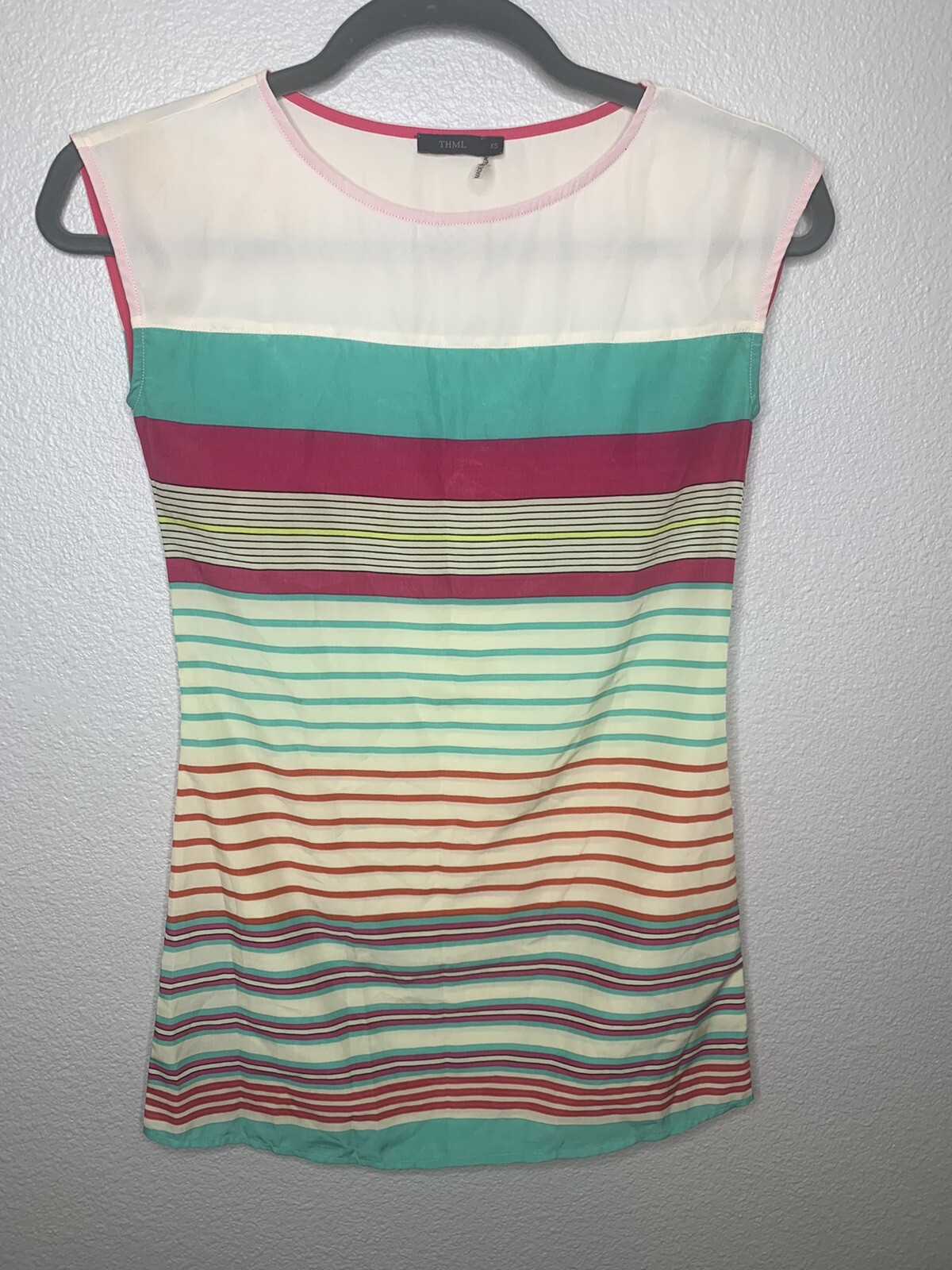 THML XS Shift Dress Multicolor Pink Blue Orange Stripes Short Sleeve | eBay