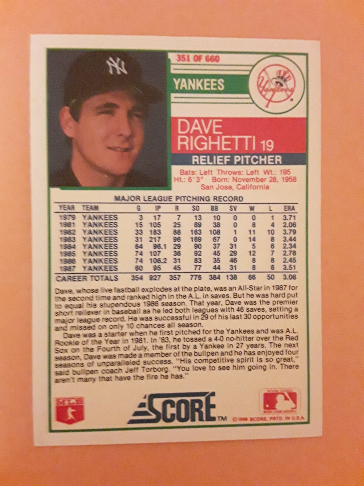 1988 Score Dave Righetti baseball card #351. New York Yankees. | eBay