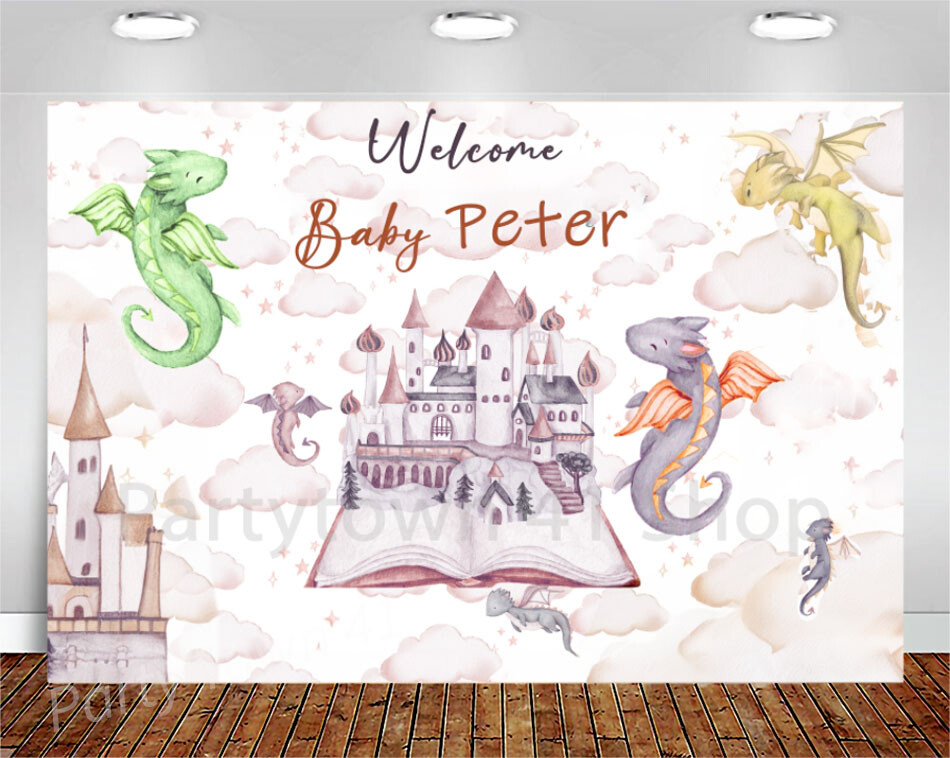 Customized Watercolor Girl boy Dragons castle Baby shower birthday ...