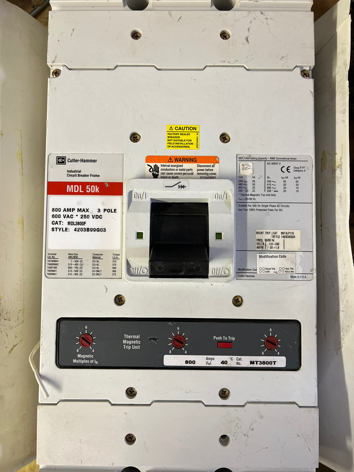 MDL3800 Cutler Hammer 800 Amp 600V MT3800T Trip SNT4LP11K Shunt Circuit ...