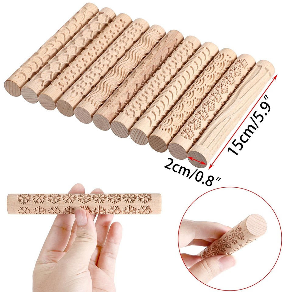 OwnMy Set of 11 Wooden Clay Texture Rollers Handle Pottery Roller Tools ...