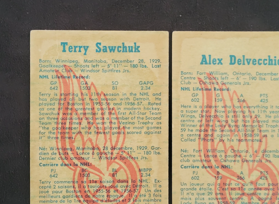 1960-61 PARKHURST 2 CARDS TERRY SAWCHUK #31 ALEX DELVECCHIO #36 HOF NHL ...