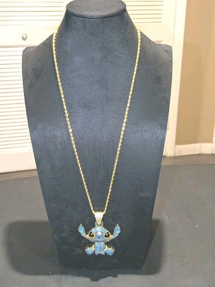 Stitch Character Rhinestone Pendant on Gold-Tone Bling Hip Hop Necklace ...