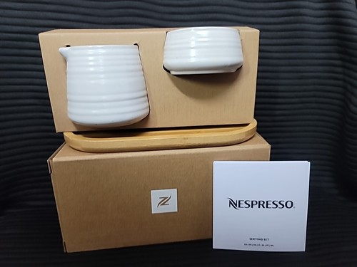 Nespresso ~ Coffee Serving Set Stoneware Creamer Sugar Bowl Bamboo Tray ...