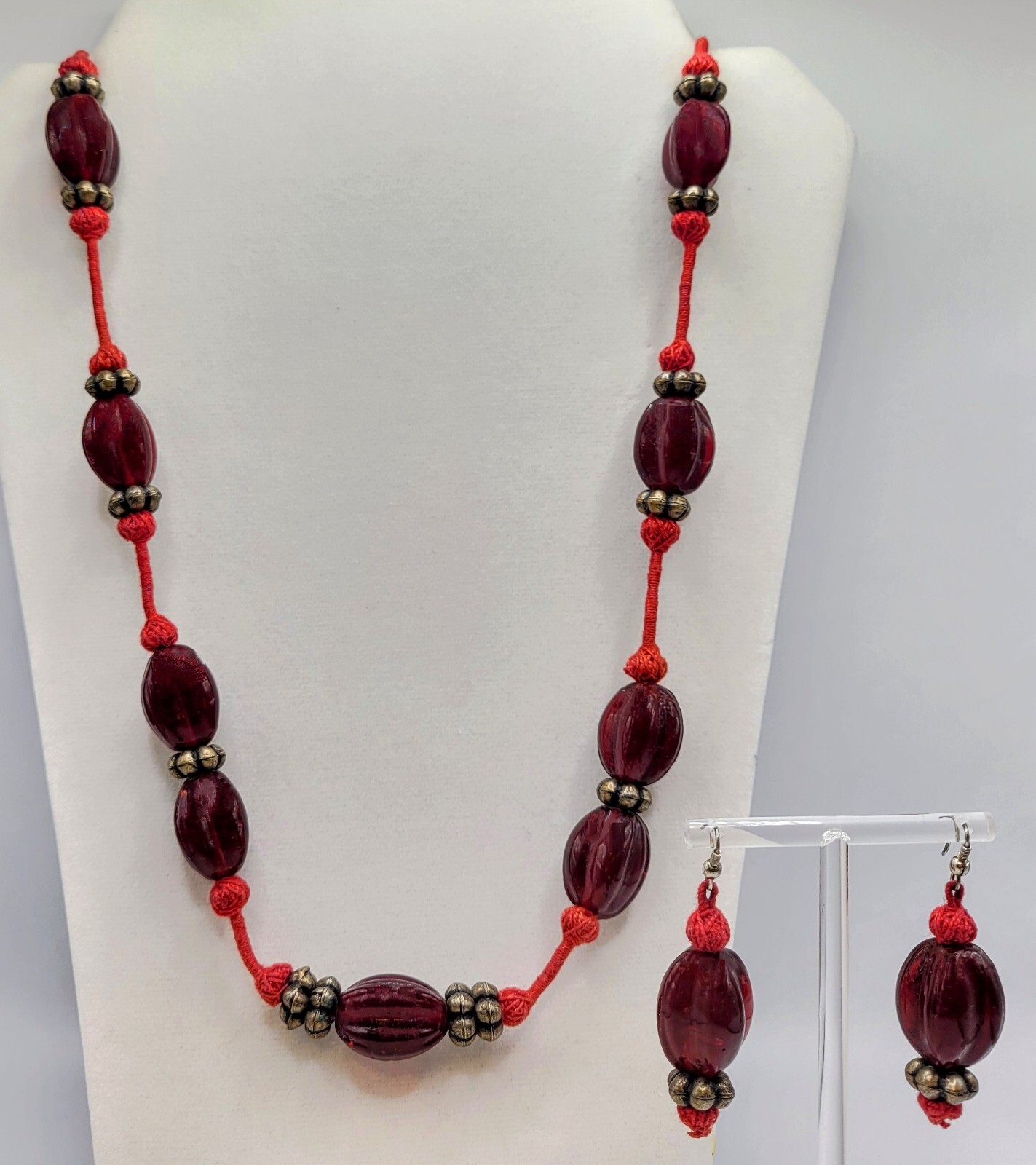 Vintage RED GLASS BEADS Necklace & Earrings Set BOHO CHIC Ethnic GYPSY ...