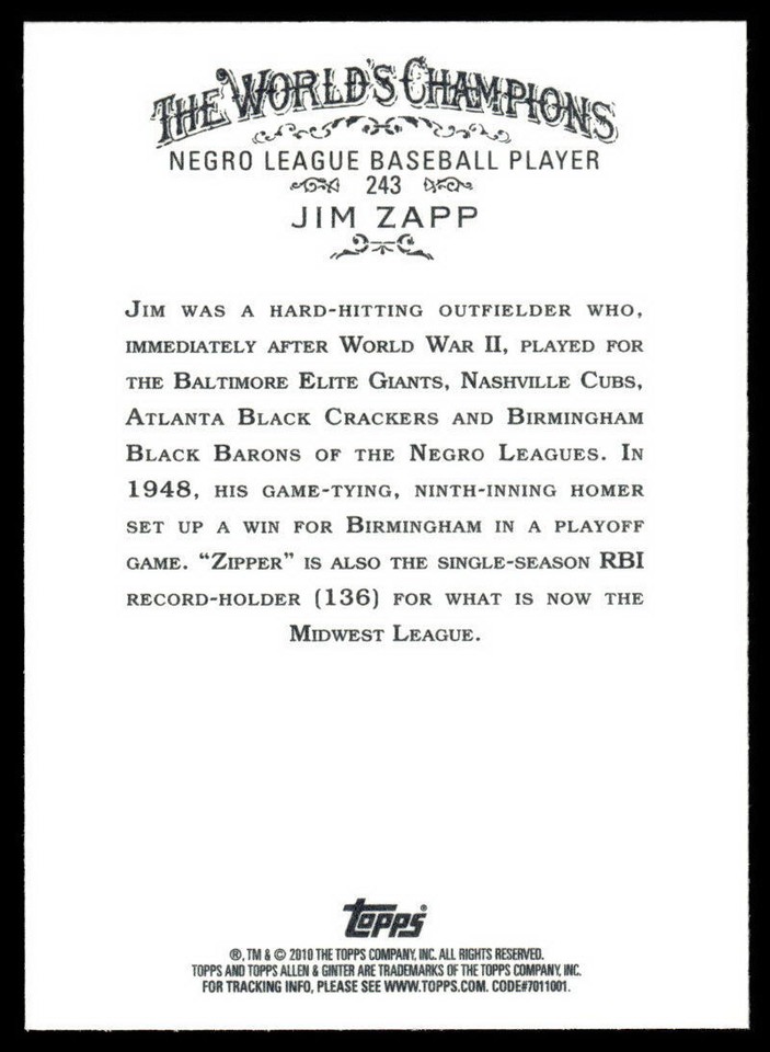 2010 Topps Allen & Ginter Jim Zapp #243 Birmingham Black Barons | eBay