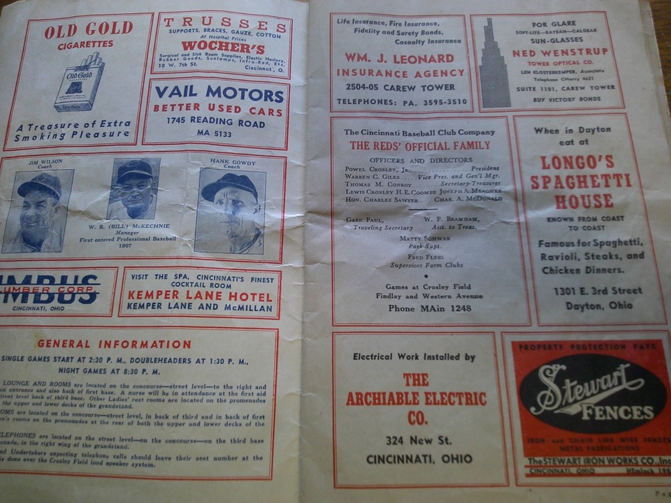 Vintage 1946 Cincinnati Reds Official Score Book vs Brooklyn | eBay