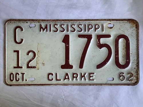 1962 MISSISSIPPI MS Clarke Co. License Plate Tag C12-1750 Red White ...