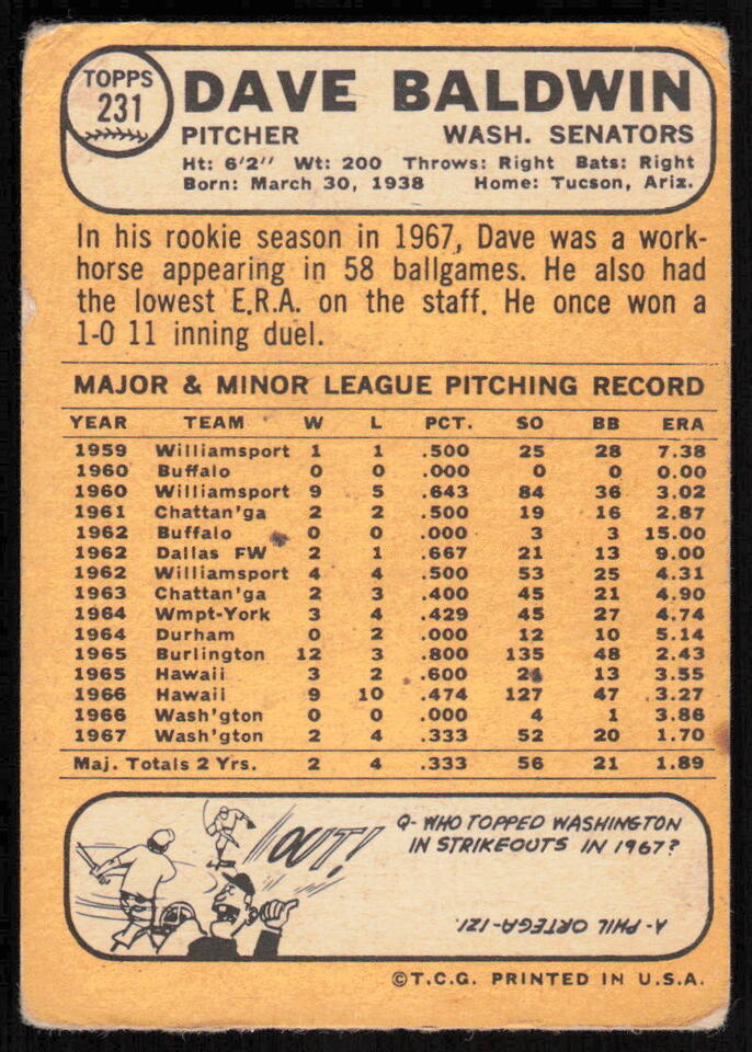 1968 Topps #231 Dave Baldwin - FREE SHIPPING | eBay