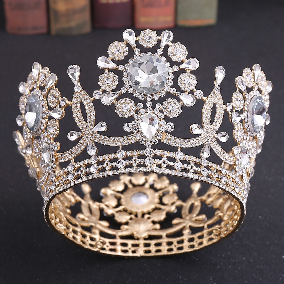Large Crystal Gold Queen Queen Round Crown Wedding Prom Queen Princess ...