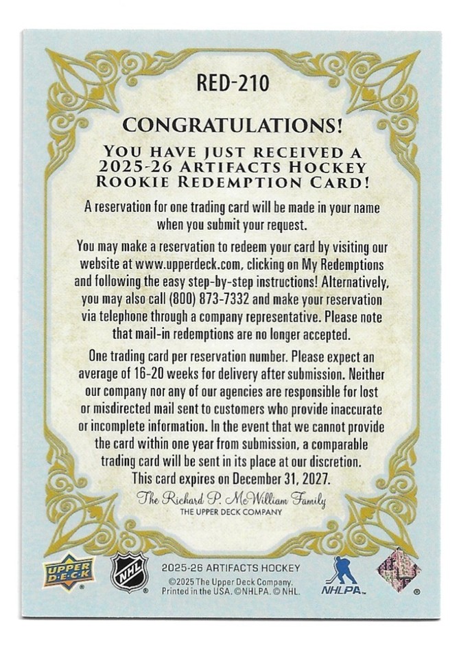 DETROIT RED WINGS 2025-26 Artifacts Red Rookie Redemption Card | eBay