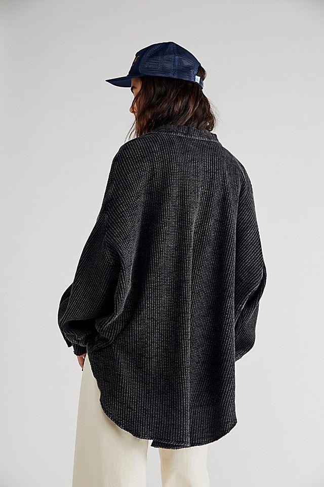 Free People One Scout Jacket Shacket Waffle Thermal Knit Slouchy Black ...