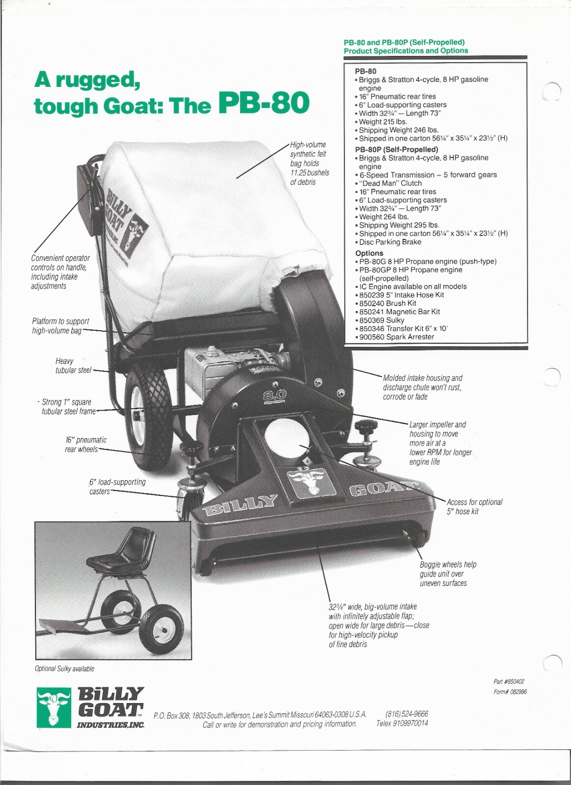 Original OEM Billy Goat Models PB80 and PB80P Vacuums Sales Brochure ...