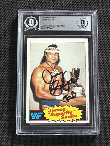 JIMMY “SUPERFLY” SNUKA 1985 TOPPS WWF SIGNED AUTOGRAPHED CARD BAS ...