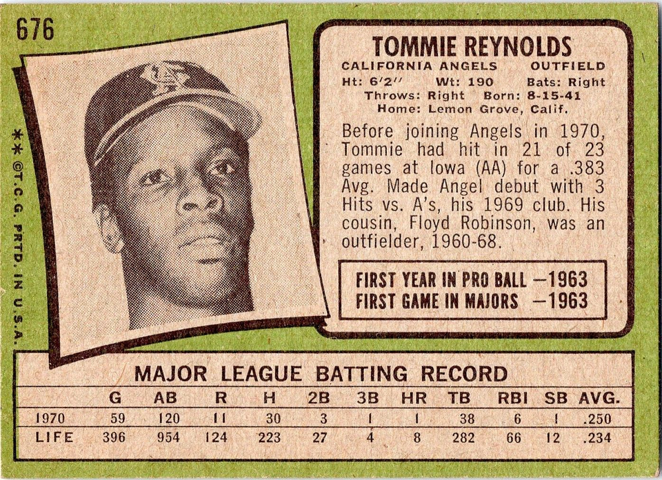 Tarjeta de béisbol 1971 Topps Tommie Reynolds #676 California Angels ...