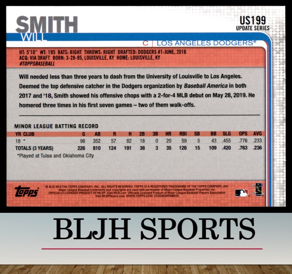 2019 Topps Update #US199 Will Smith Rookie Los Angeles Dodgers RC (2G7 ...