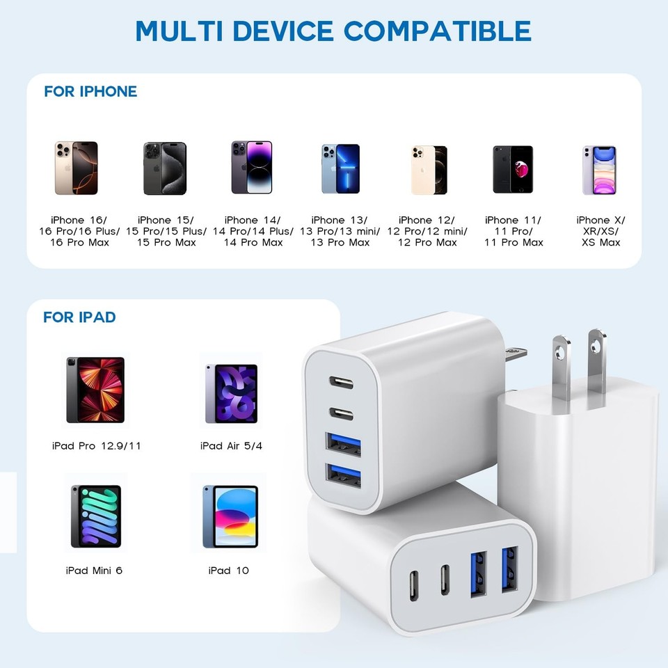 35W Apple iPhone 17 16 Pro Adapter,3Pack 4-Port Quick Charger Block USB ...
