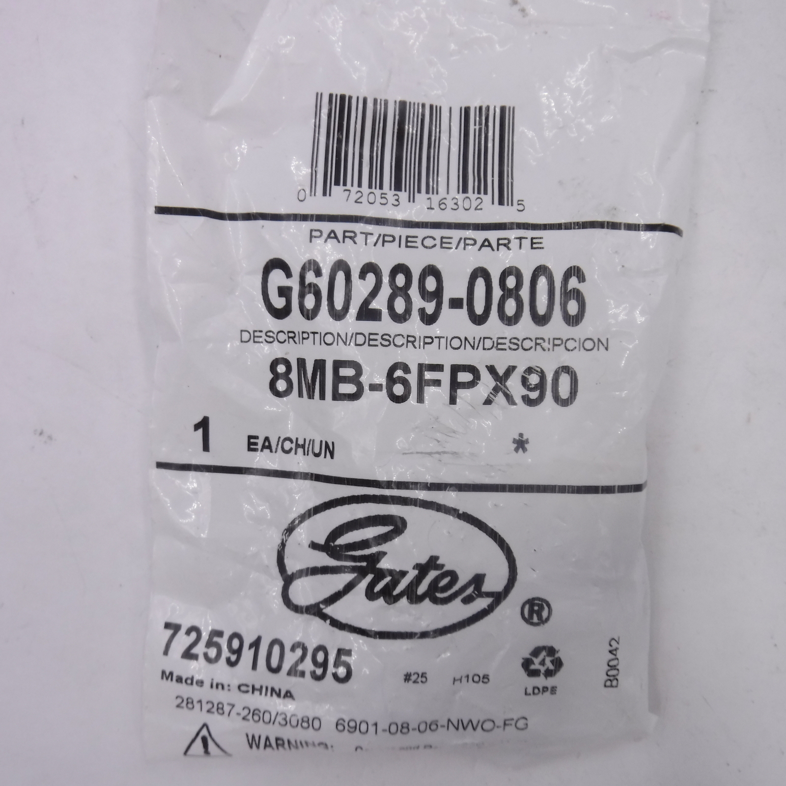 Gates 8MB-6FPX90, G60289-0806 Hydraulic Hose Adapter Fitting Elbow 90 ...