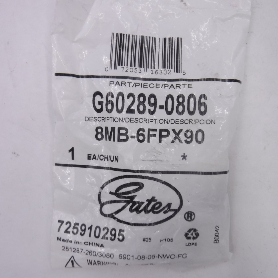 Gates 8MB-6FPX90, G60289-0806 Hydraulic Hose Adapter Fitting Elbow 90 ...