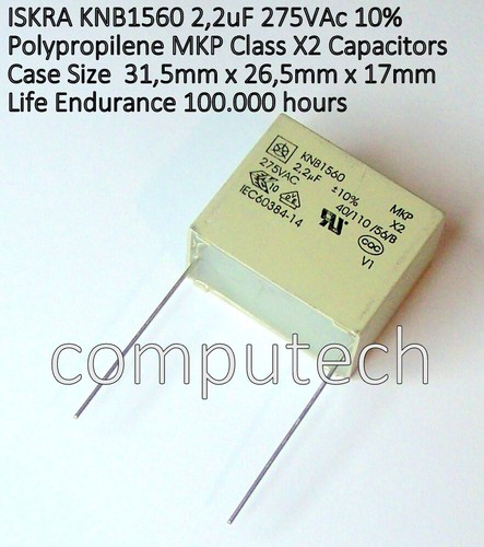 1 x Condensatore 2,2uF 275V Ac ISKRA KNB1560 MKP Class X2 per Filtri ...