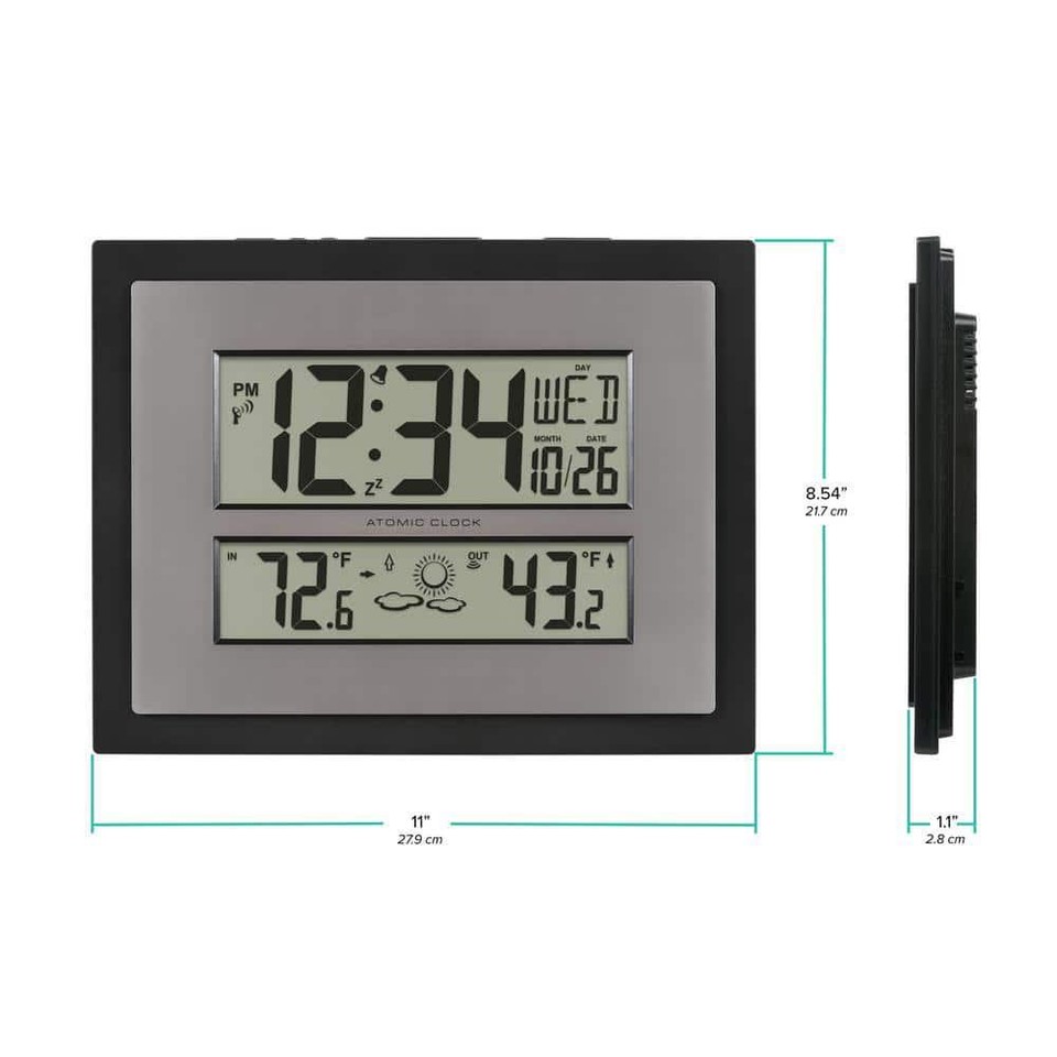 Atomic LCD Clock Temperature Forecast Black Silver Calendar View ...