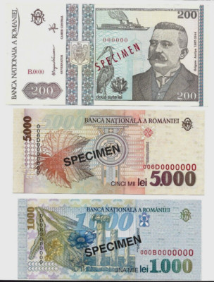ROMANIA 200 1992 1000 & 5000 LEI 1998 P-100 106 107 Romanian 3 SPECIMEN ...