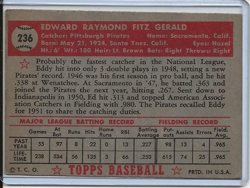 1952 Topps Baseball Card Ed Fitzgerald Catcher Pittsburgh Pirates R/BNR ...