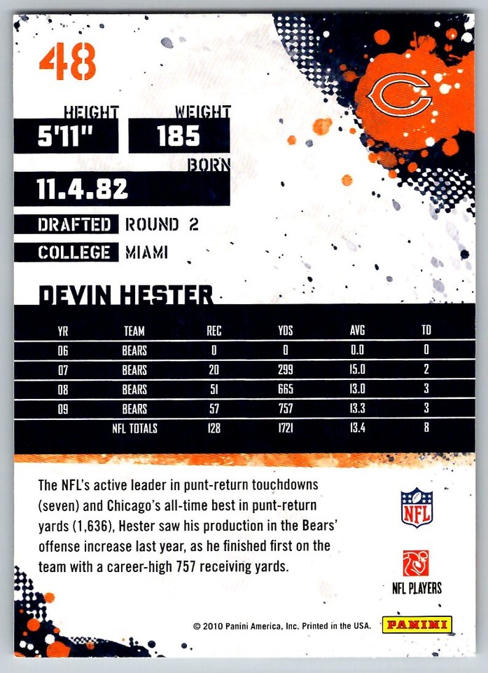 2010 SCORE DEVIN HESTER CHICAGO BEARS #48 | eBay