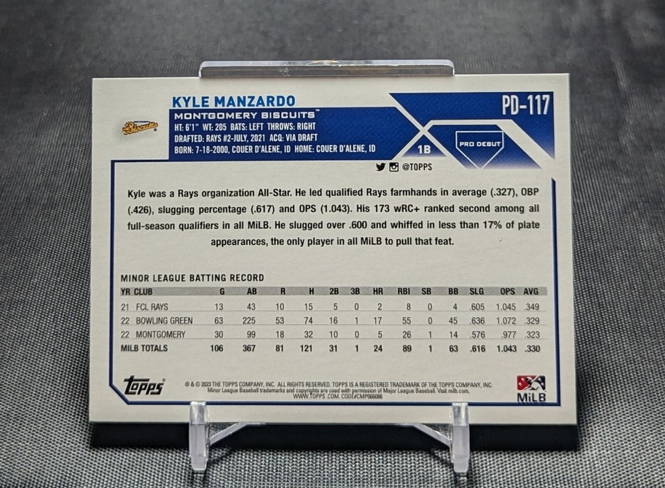 Kyle Manzardo Prospect Rookie 2023 Topps Pro Debut Card #PD-117 Tampa ...