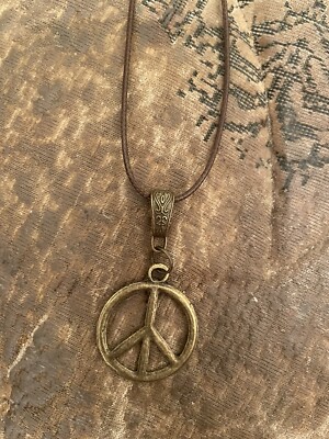 Retro Vintage Brass Medium Round Peace Sign Pendant Brown Silk Cord ...