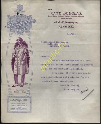 1923 ALNWICK, LOVELY ILLUSTd LETTRHEAD, KATE DOUGLAS, GOWN MAKER ...