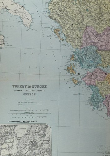 1891 ANTIQUE MAP TURKEY IN EUROPE ROMANIA SERVIA MONTENEGRO GREECE ...