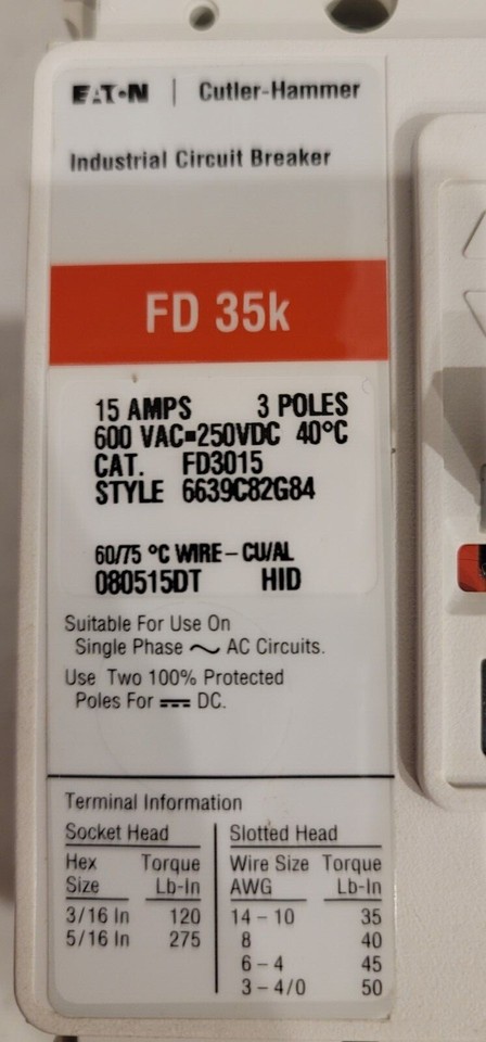 CUTLER-HAMMER 15A FD 35K FD3015 6639C82G84 CIRCUIT BREAKER | eBay