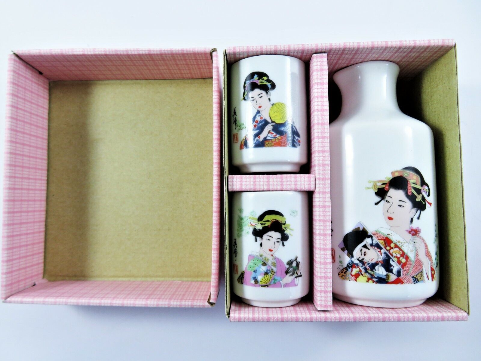 Japanese Porcelain Sake Set 3 Piece Geisha Girl Designs Vintage 1970's ...