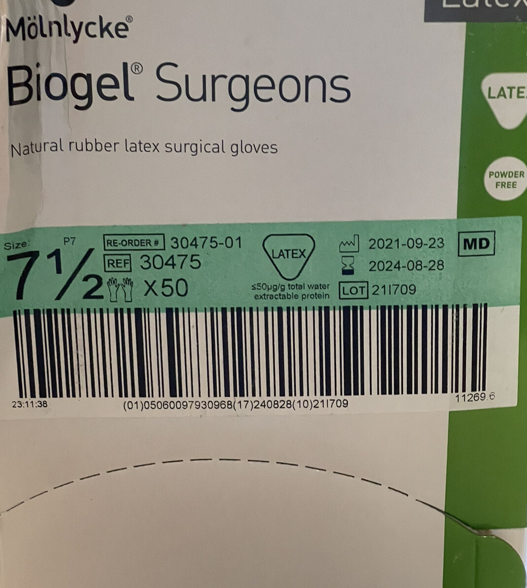 (50) Pairs Size 7.5 Molnlycke Biogel Surgeons Latex Sterile Surgical ...