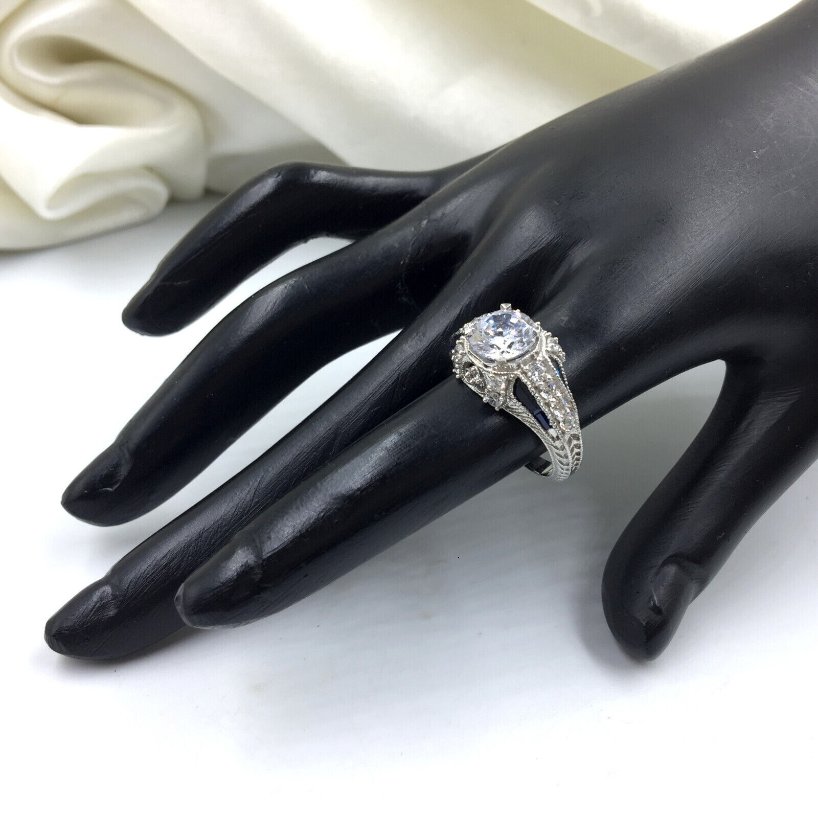 Art Deco Design 935 Silver With Sparkle White CZ & Blue Sapphire Ring ...