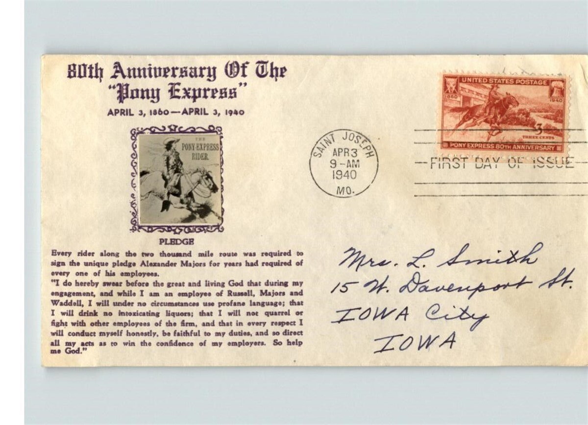 Crosby photo of PONY EXPRESS RIDER, First Day of Issue, 1940 canc. St ...