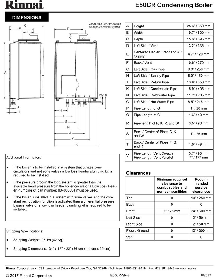 RINNAI E50CRN Condensing Combi Boiler, Wall Mounted 50,000 BTU ...
