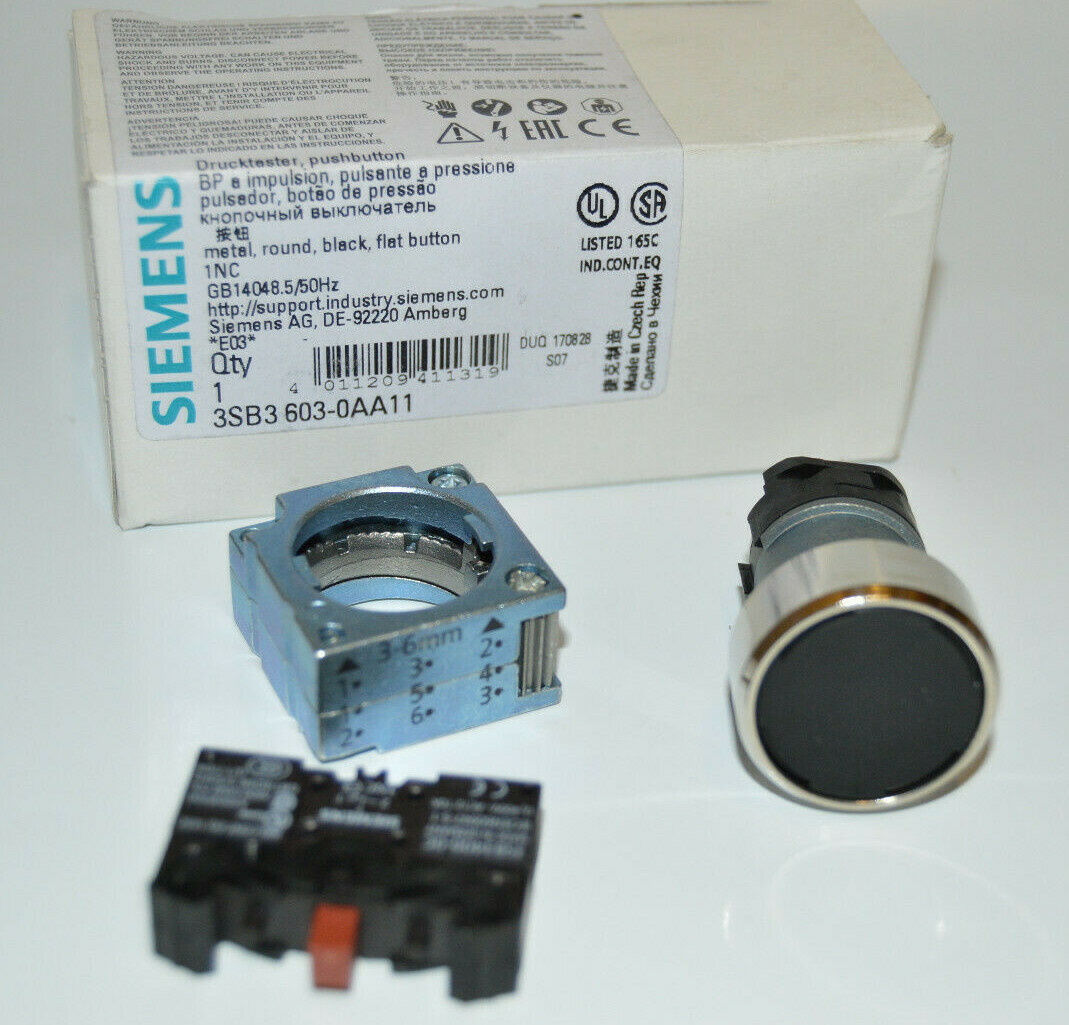 SIEMENS 3SB3 603-0AA11 Black Flat Pushbutton Control Switch Kit, Round ...
