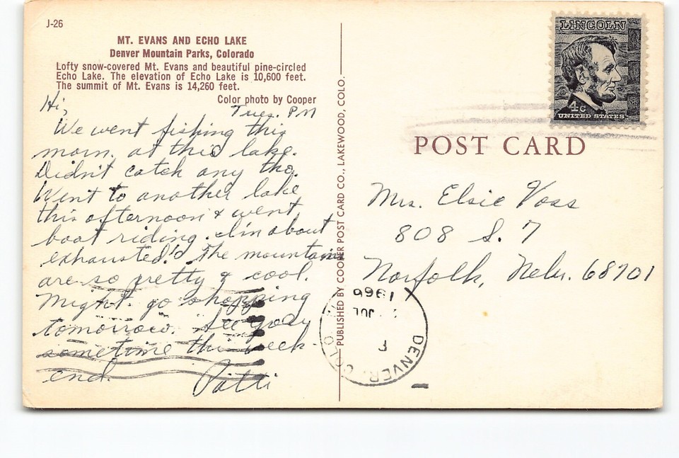 Mt Evans & Echo Lake Denver Mountain Parks CO Chrome Postcard Vtg Posted 1966 | eBay