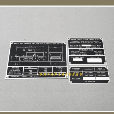 STRICK CO SET M100 TRAILER DATA TAG 1/4 TON JEEP PLATE M38 M38A1 M151 ...