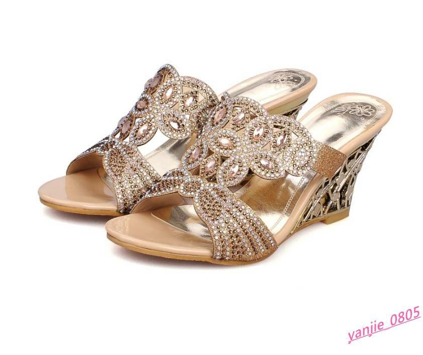 Women's Summer Peep Toe Slipper Shoes Rhinestone Wedge Heel Splicing ...