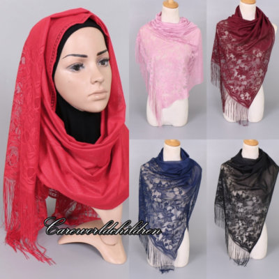 Women Lace Floral Tassel Shawls Muslim Islamic Ladies Hijab Headscarf ...