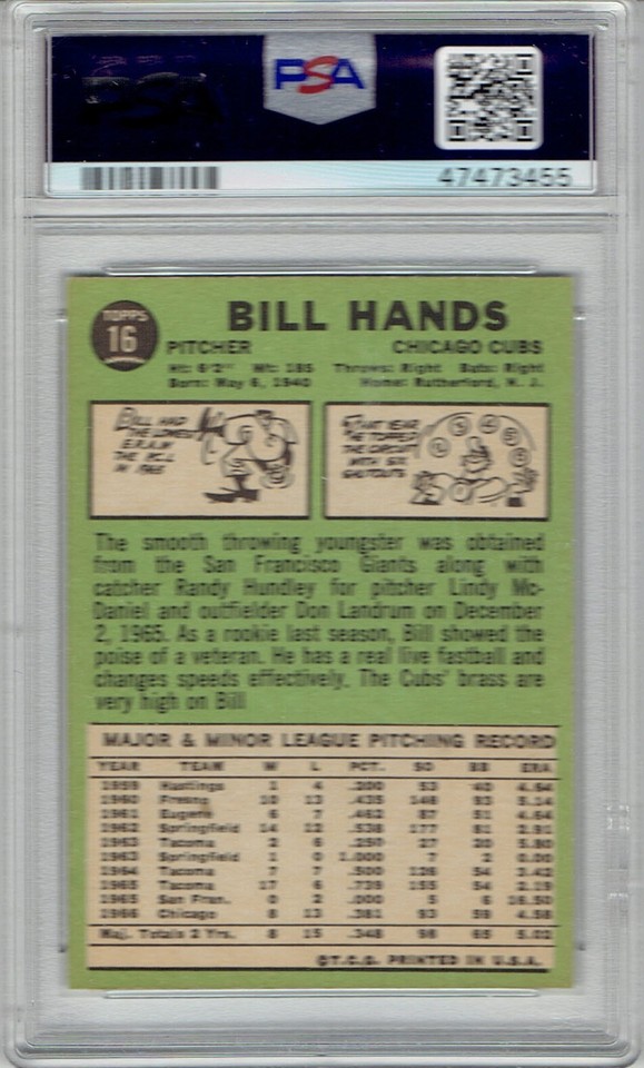 1967 Topps Bill Hands #16 Chicago Cubs PSA 9 MINT!! | eBay