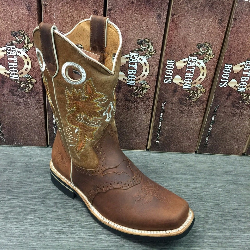 MEN'S RODEO COWBOY BOOTS GENUINE LEATHER WESTERN SQUARE TOE BOTAS ...